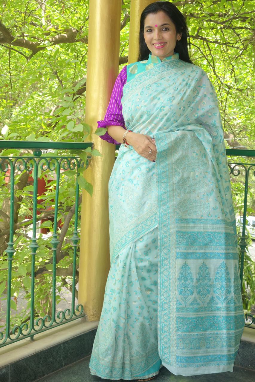 Buy Baby Blue Cotton Kani Saree – sohumsutras